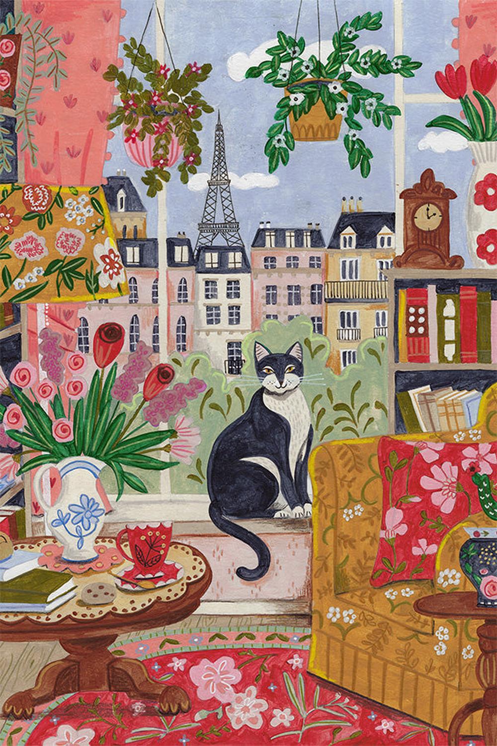 Cat in front of window in Paris bright colours|Canvas Wall Art