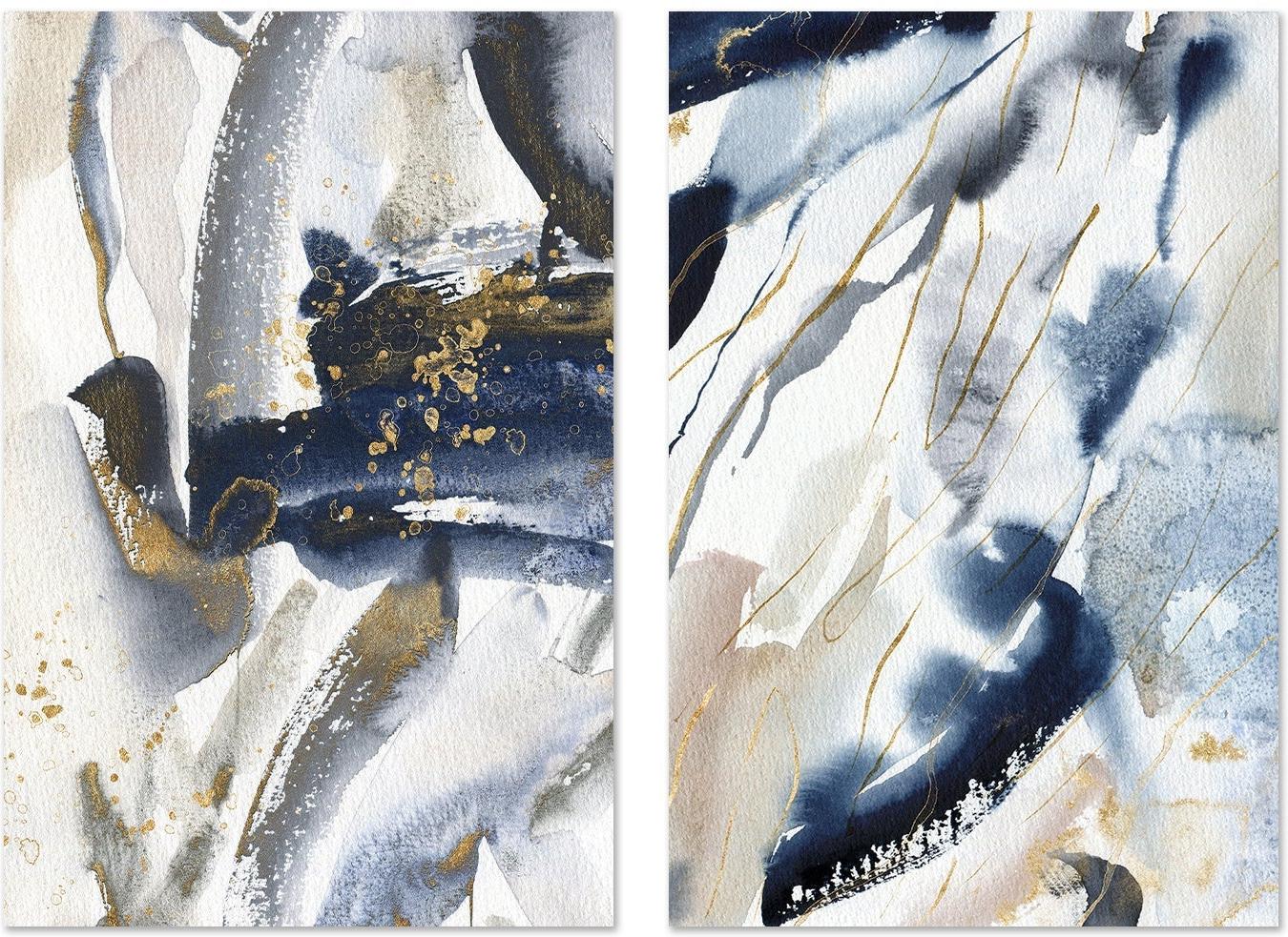 Gold And Navy Watercolour, Style A & B, Set Of 2,Wall Art Canvas