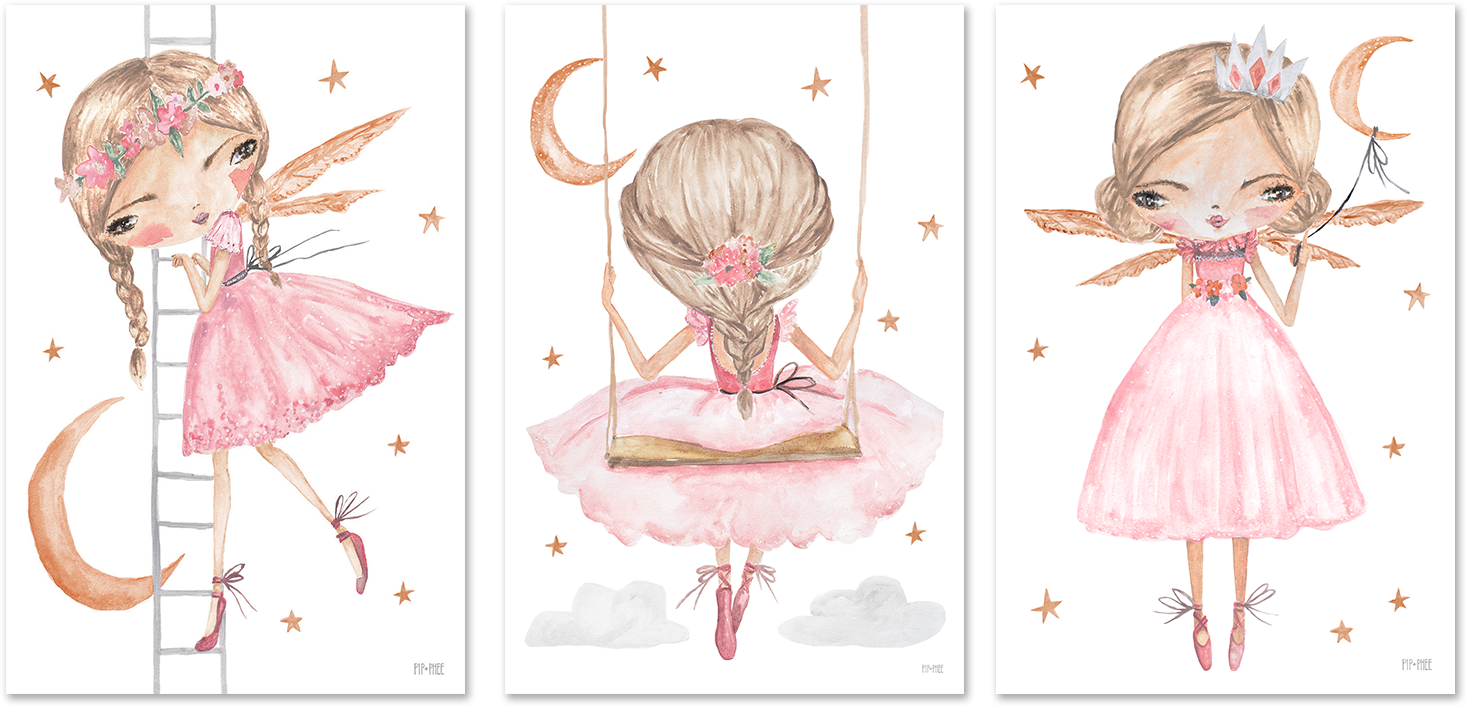 Lunar Princess, Set of 3 , By Pip and Phee,Wall Art Canvas Print,