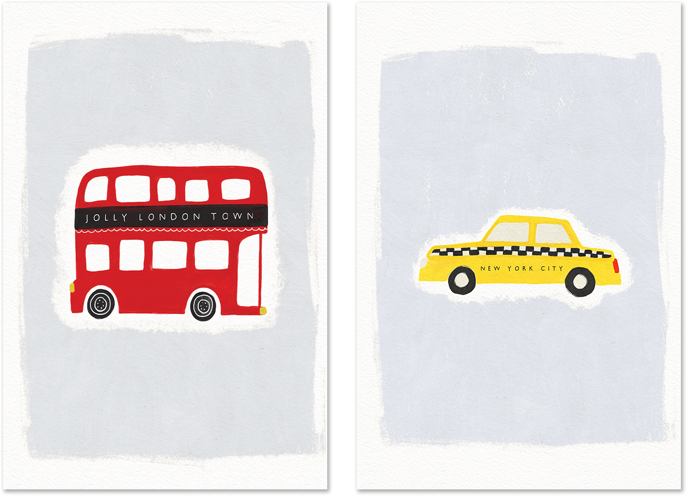 NEW YORK CAB and JOLLY LONDON TOWN, Set Of 2 |Wall Art Print Framed