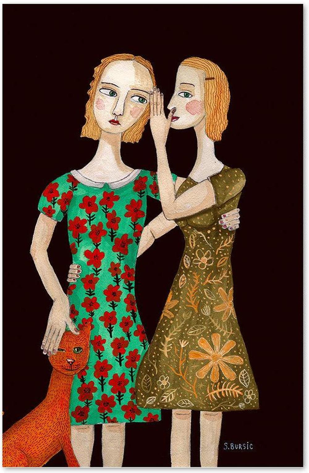 Two Best Friends And Their Cat , By Sharyn Bursic,Wall Art Canvas