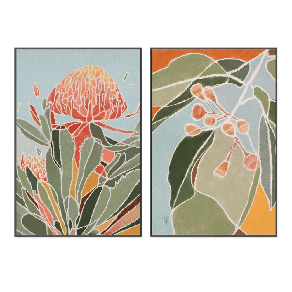 Waratah, Gumtree, Set Of 2 , By Junia Kall,Wall Art Canvas Print,