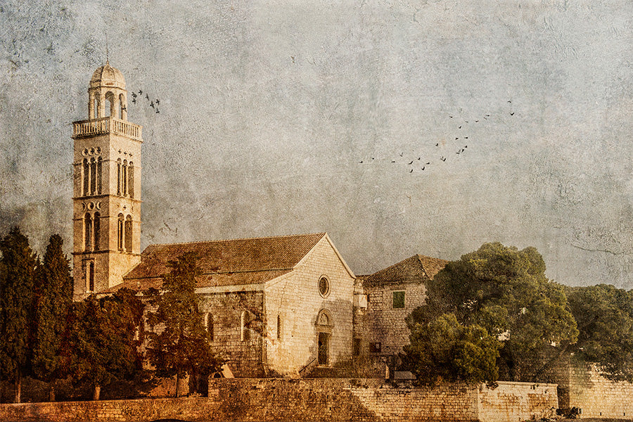 White Stone Church in Europe on a Painterly Textured Background,